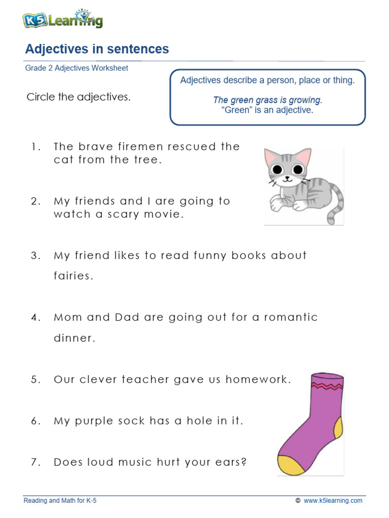 Adjectives in sentences worksheet | PDF