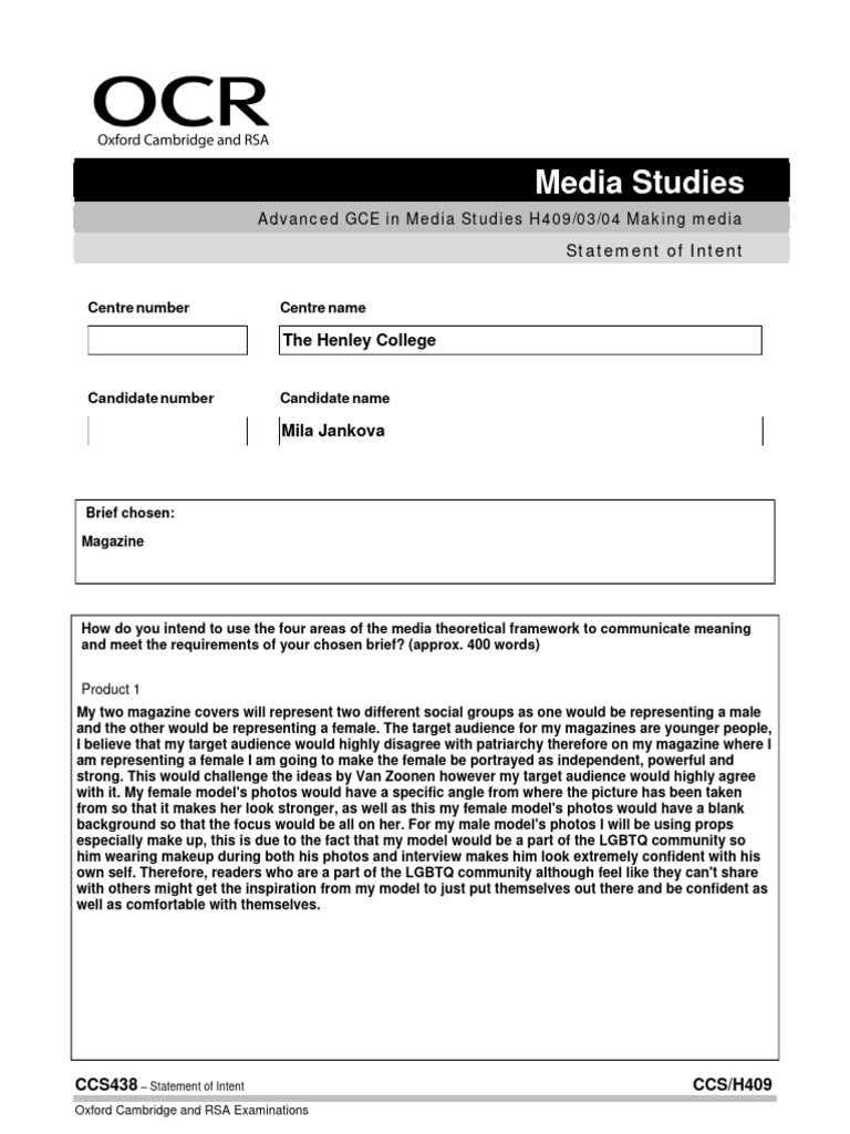 Media Studies Statement of Intent | PDF | Career & Growth | Social Science