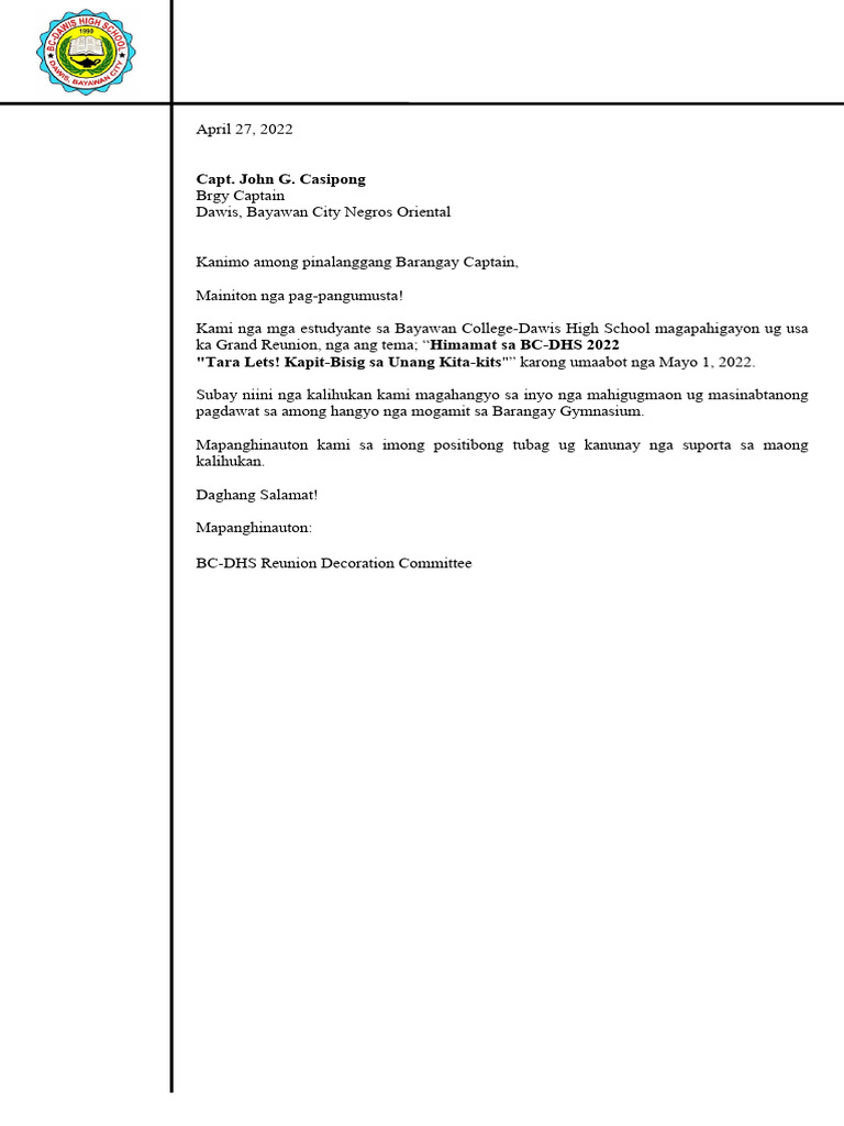 Letter For Grand Reunion Venue | PDF