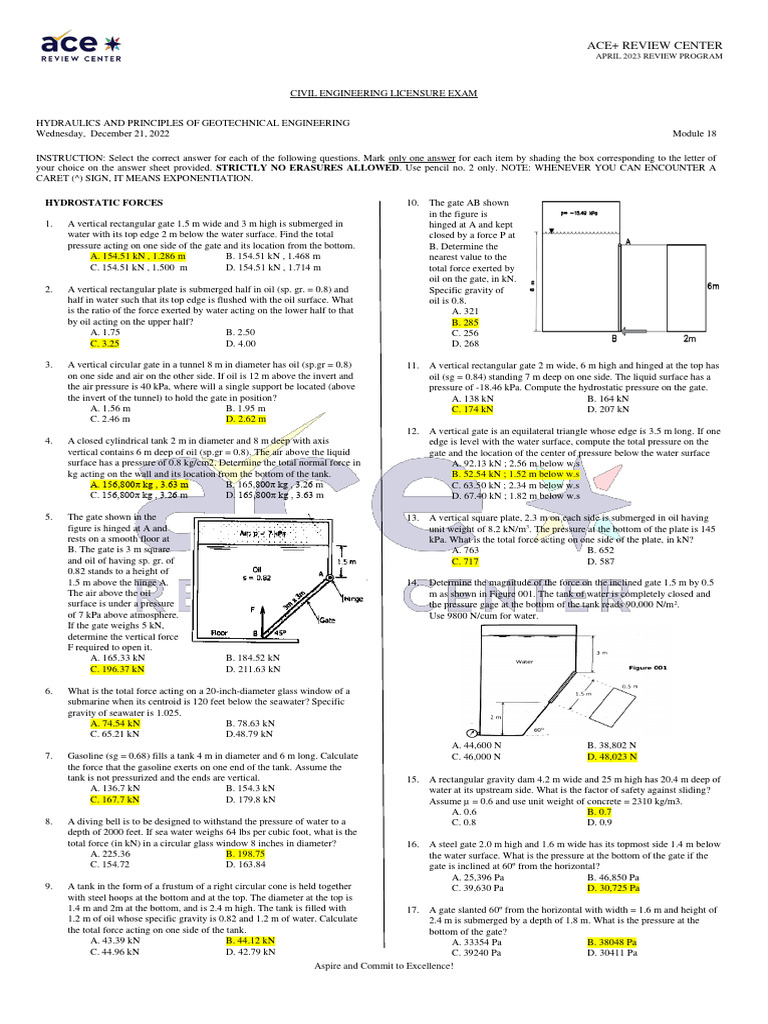 CE Module 18 - Hydrostatic Force (Answer Key) | PDF