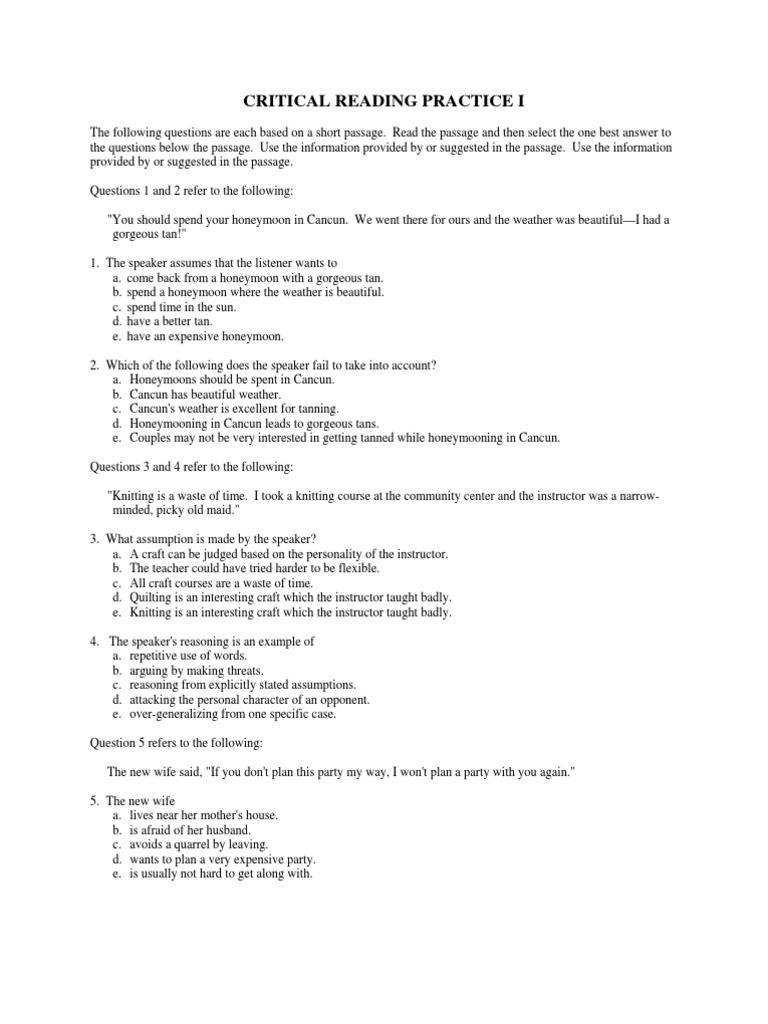 Critical Reading Practice Questions | PDF | Argument | Cocaine