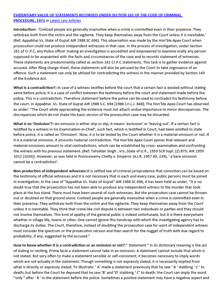 Evidentiary Value of Statements Recorded Under Section 161 of the Code ...