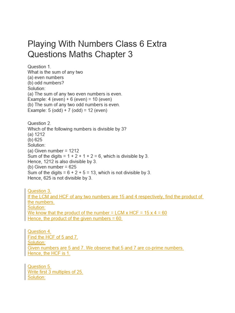 Playing With Numbers Class 6 Extra Questions Maths Chapter 3 | PDF ...