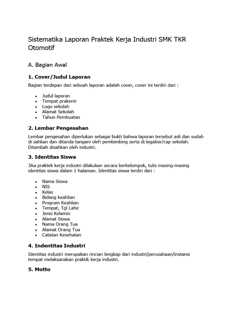 Sistematika Laporan Praktek Kerja Industri SMK TKR Otomotif | PDF