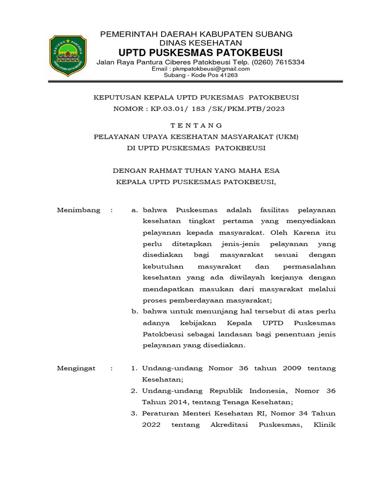 Uptd Puskesmas Patokbeusi: Pemerintah Daerah Kabupaten Subang Dinas Kesehatan | PDF