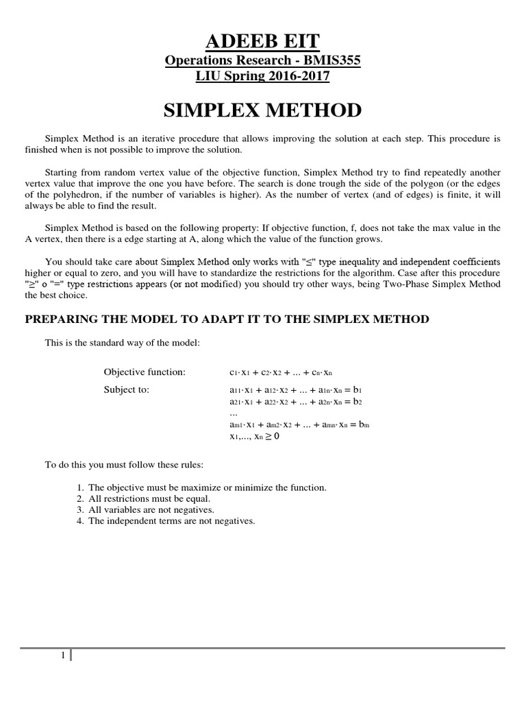 Simplex Method | PDF | Mathematical Optimization | Mathematical Concepts Simplex Method | PDF | Mathematical Optimization | Mathematical Concepts
