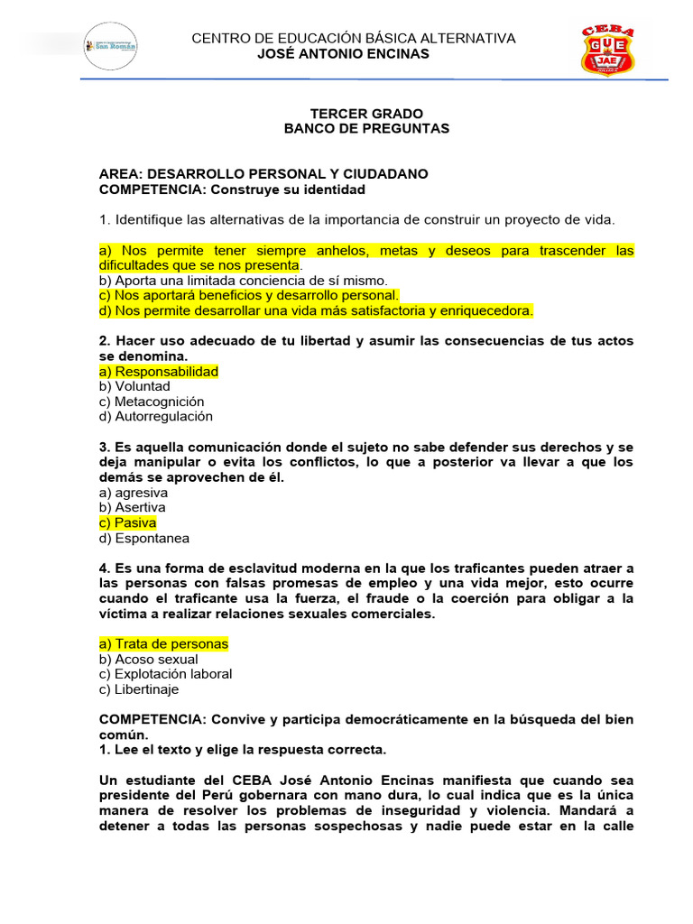 Banco de Preguntas para Tercer Grado CEBA | PDF