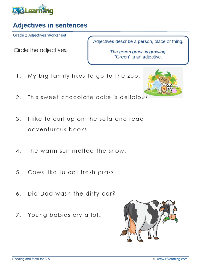 Adjectives in sentences worksheet 2 | PDF