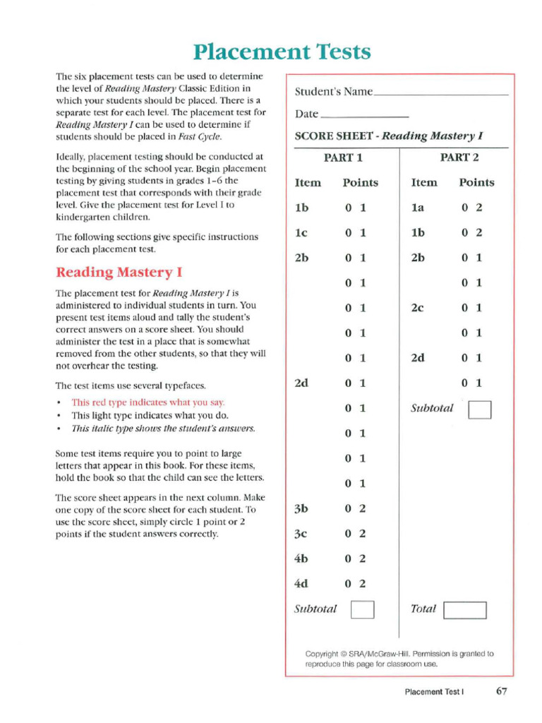 Reading Mastery Placement Tests I II | PDF