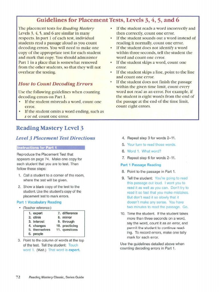 Reading Mastery Placement Tests III VI | PDF
