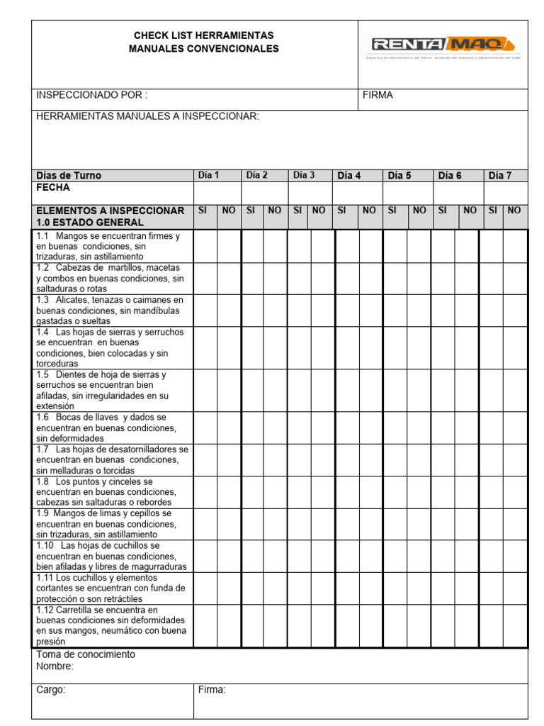 SSO R CHL 014 - Check List - Herramientas - Manuales | PDF