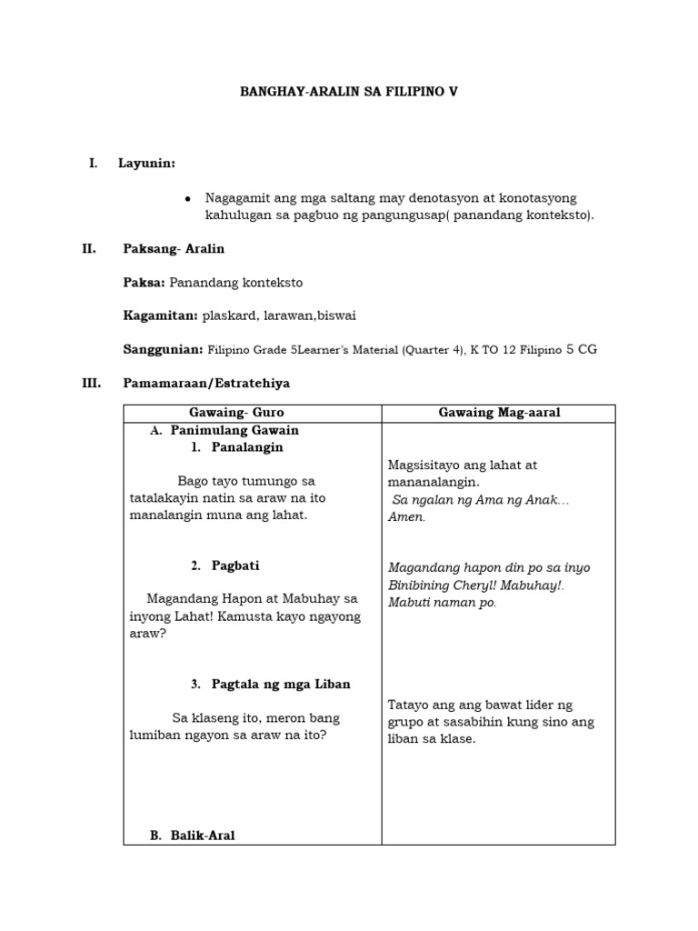 Banghay Aralin Sa Filipino 5 | PDF