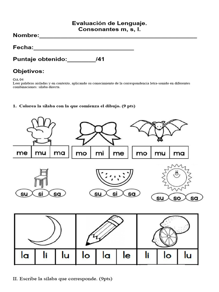 Evaluación de Consonantes M, S, L | PDF