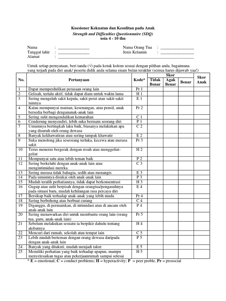 Kuesioner Kekuatan Dan Kesulitan Pada Anak Usia 4 - 10 THN: Strength and Difficulties ...