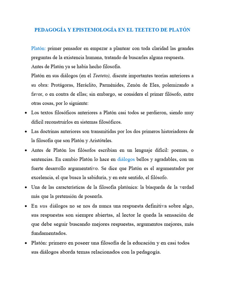 Resumen Pedagogía y Epistemología en El Teeteto de Platón | PDF