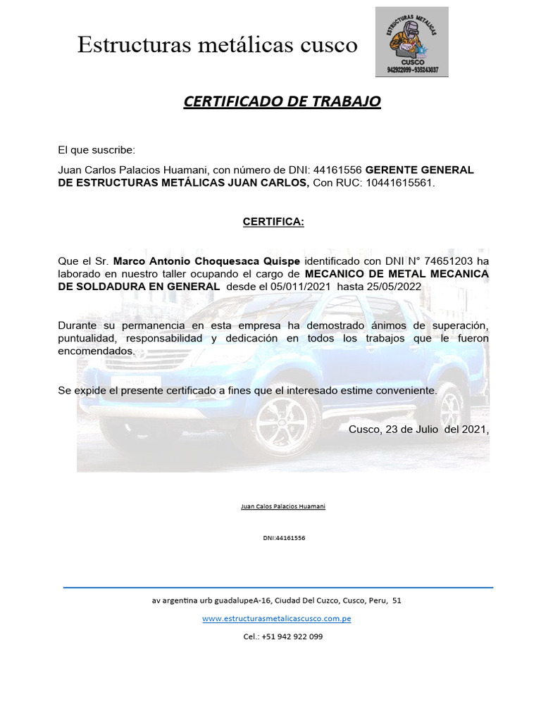 Certificado de Trabajo Estructuras Metalicas Juan Carlos | PDF