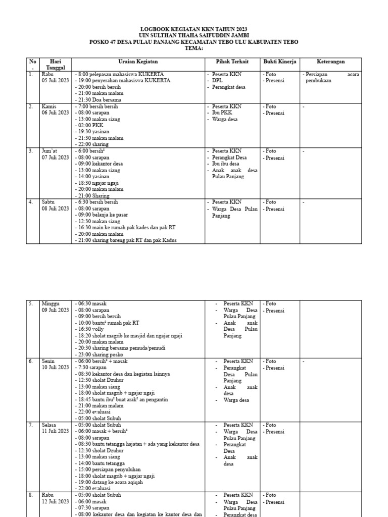 Form Logbook KKN Posko47 2023 | PDF