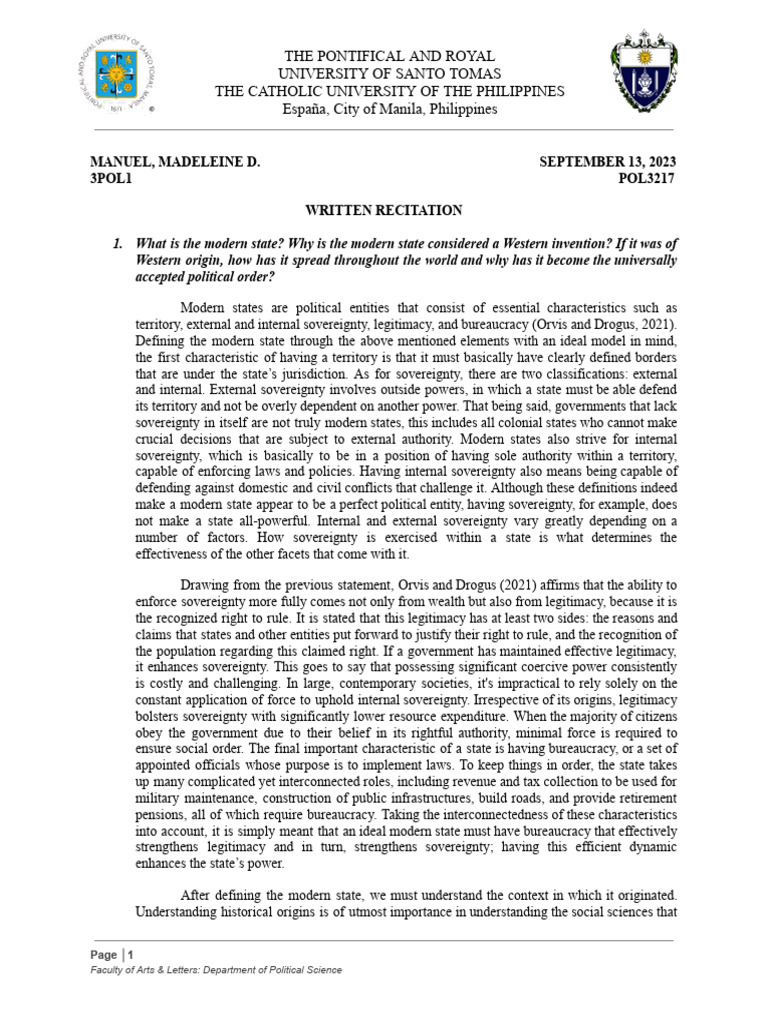 MANUEL - 3POL1 - Written Recitation - Modern States | PDF | State ...