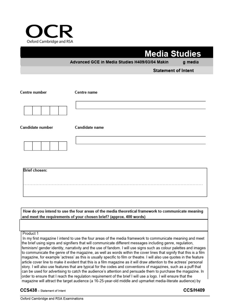 a level media studies statement-of-intent form-1 | PDF