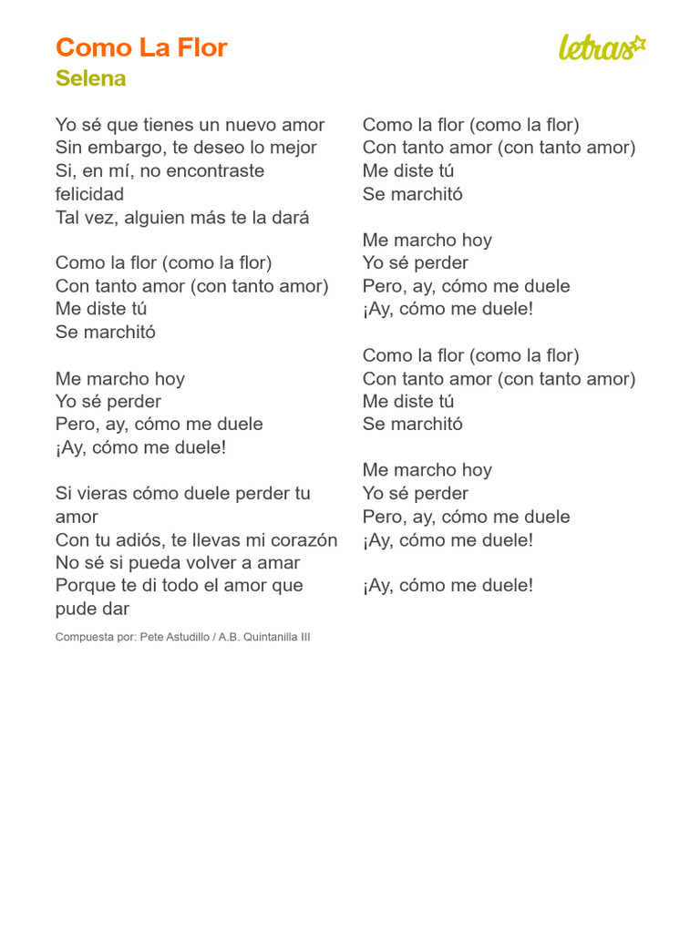 Letra de "Como la Flor" de Selena | PDF