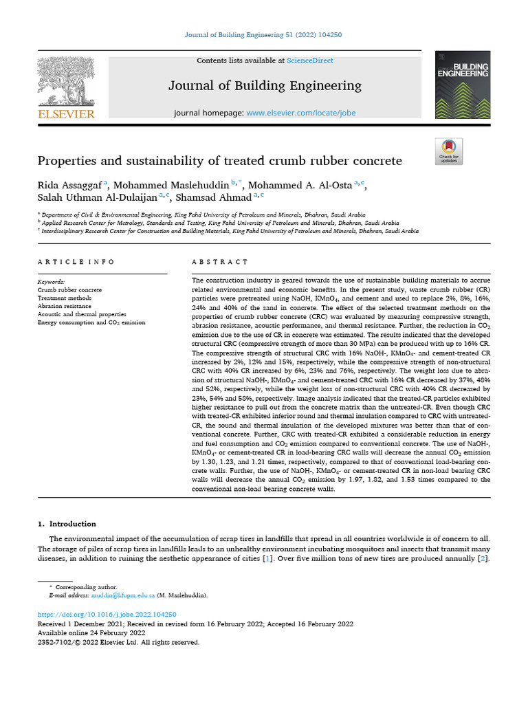 Properties and Sustainability of Treated Crumb Rubber Concrete | PDF