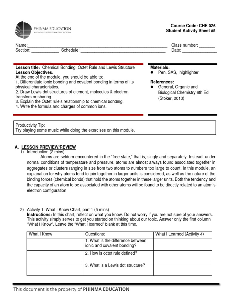 SAS 5 Module 5 Chemical Bonding, Octet Rule and Lewis Structure | PDF