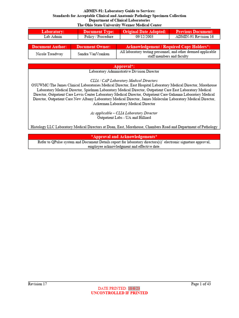 Standards For Acceptable Clinical and Anatomic Pathology Specimen ...