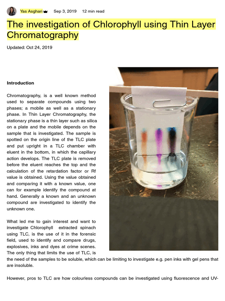 The Investigation of Chlorophyll Using Thin Layer Chromatography | PDF