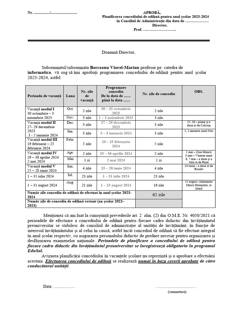 Cerere Programare Concediu 2023 - 2024 | PDF