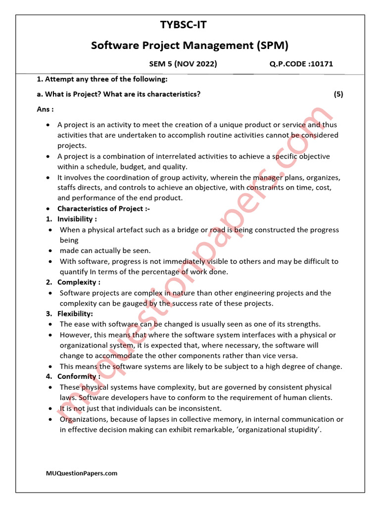 Science BSC Information Technology Semester 5 2022 November Software Project Management Cbcs | PDF
