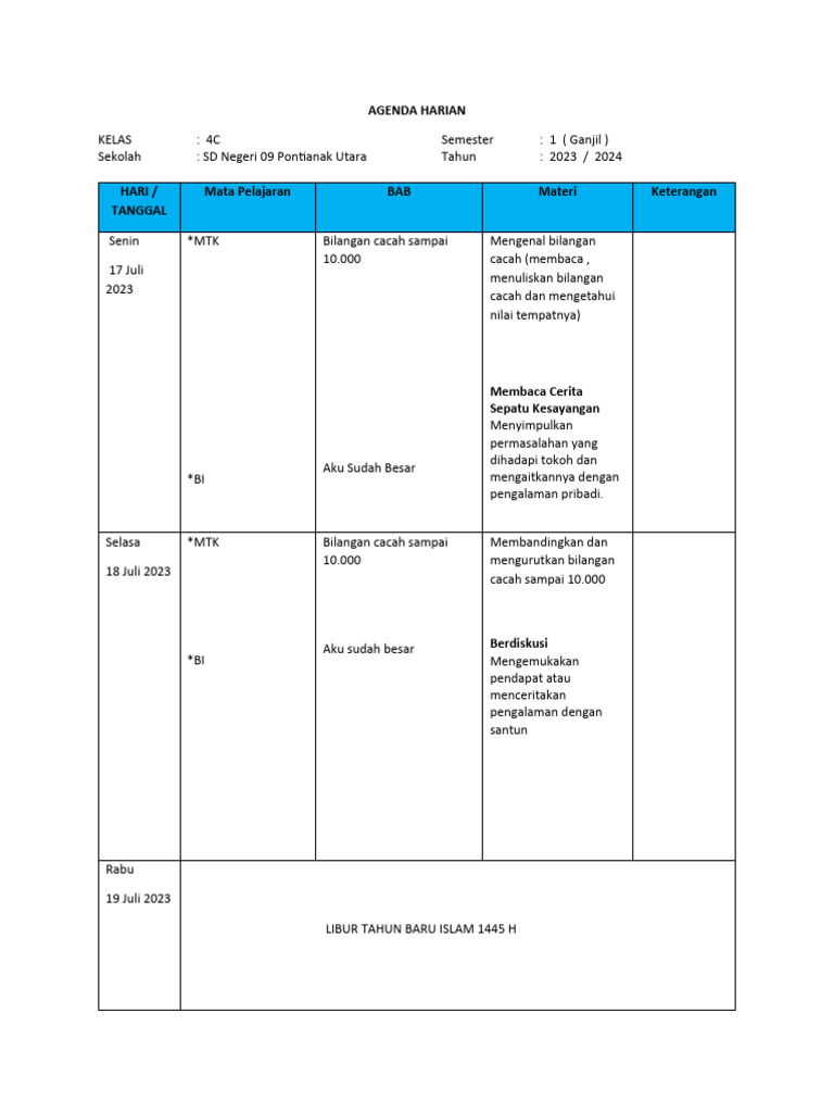 Agenda Harian 2023 - 2024 | PDF