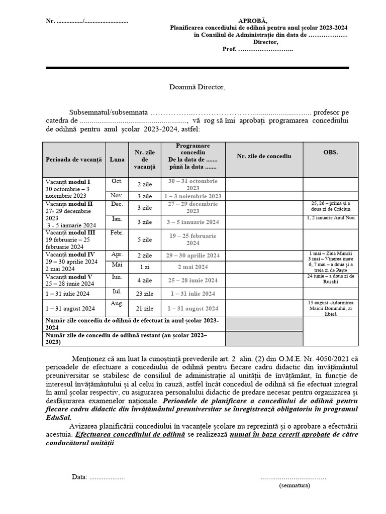 Cerere Programare Concediu 2023 - 2024 | PDF