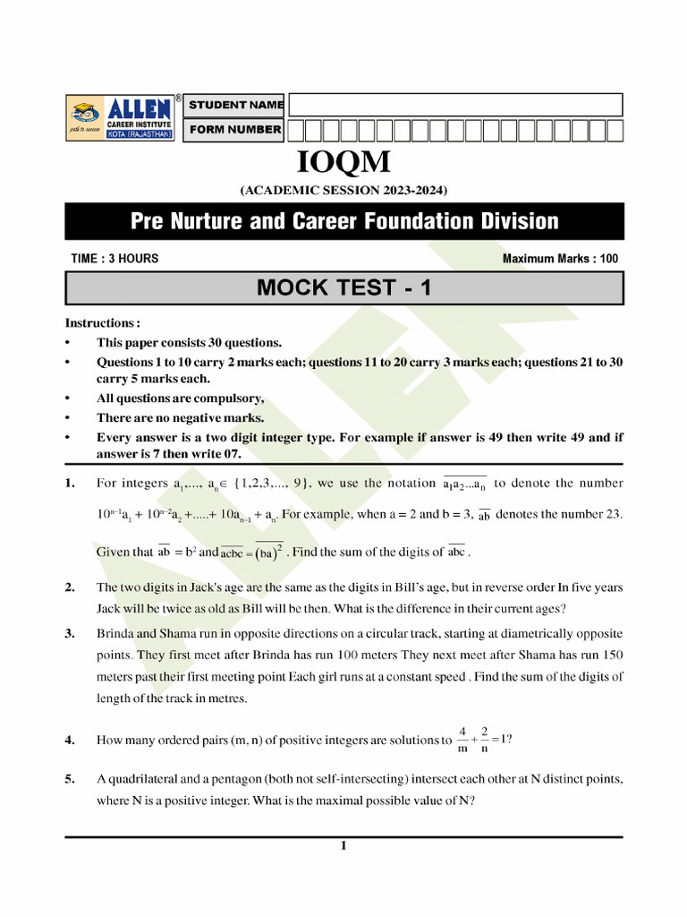 Test #1 - IOQM Q.paper | PDF