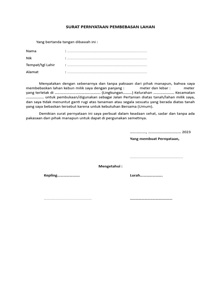 Surat Pernyataan Pembebasan Lahan | PDF Surat Pernyataan Pembebasan Lahan | PDF