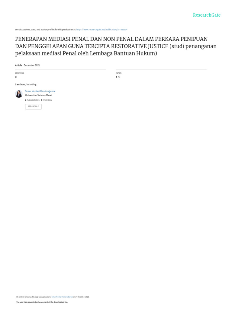 Penerapan Mediasi Penal Dan Non Penal DLM Perkara Penggelapan Dan Penipuan | PDF | Ilmu Sosial