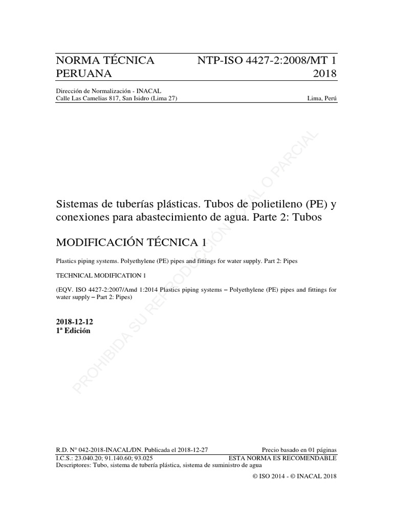 Ntp-Iso 4427-2 MT 1 | PDF | Organización internacional para la ...