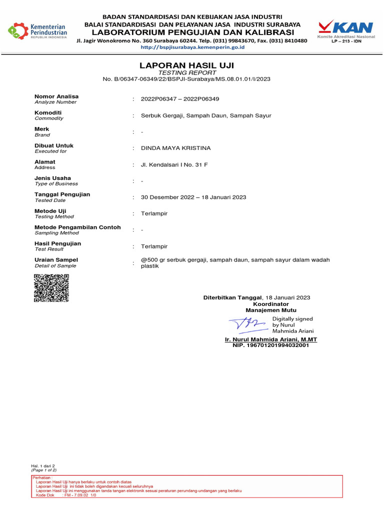 Dinda Maya Kristina - Hasil Uji Baristand | PDF