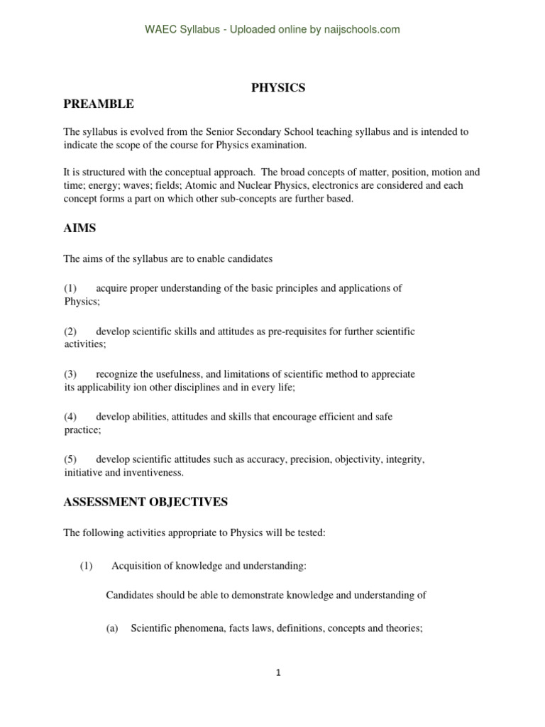 WAEC 2025 Physics Syllabus Overview | PDF | Acceleration | Magnetic Field