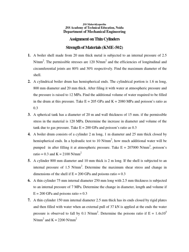 Thin Cylinder Mechanics Assignment | PDF