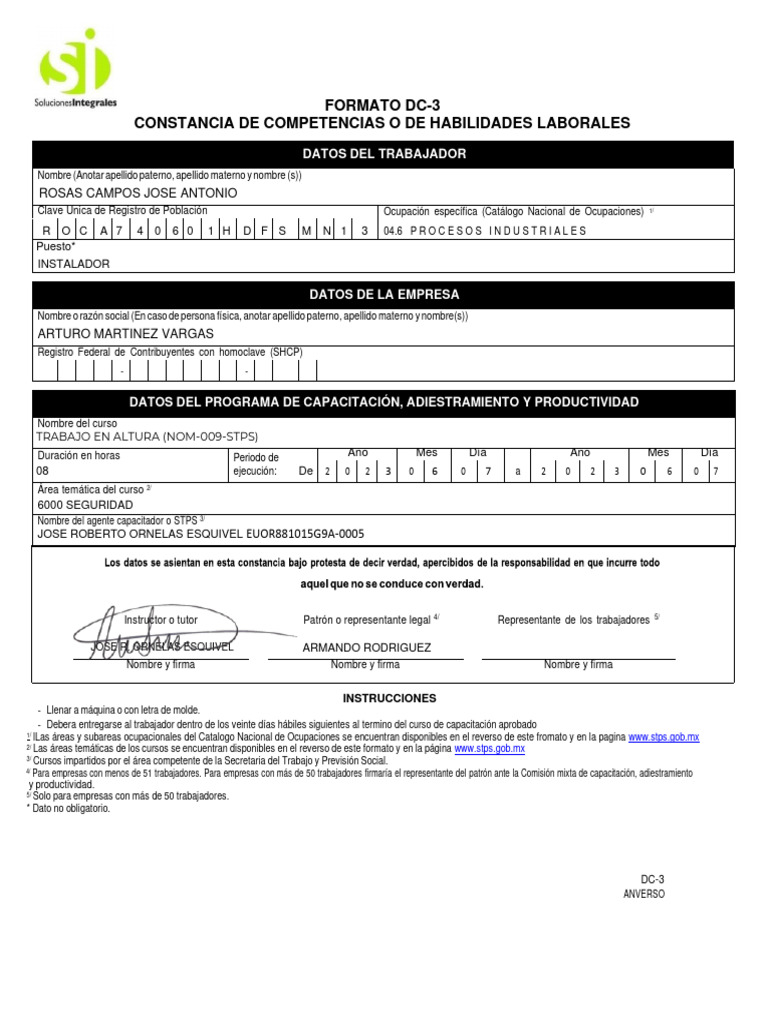 Formato Dc-3 Constancia de Competencias O de Habilidades Laborales | PDF