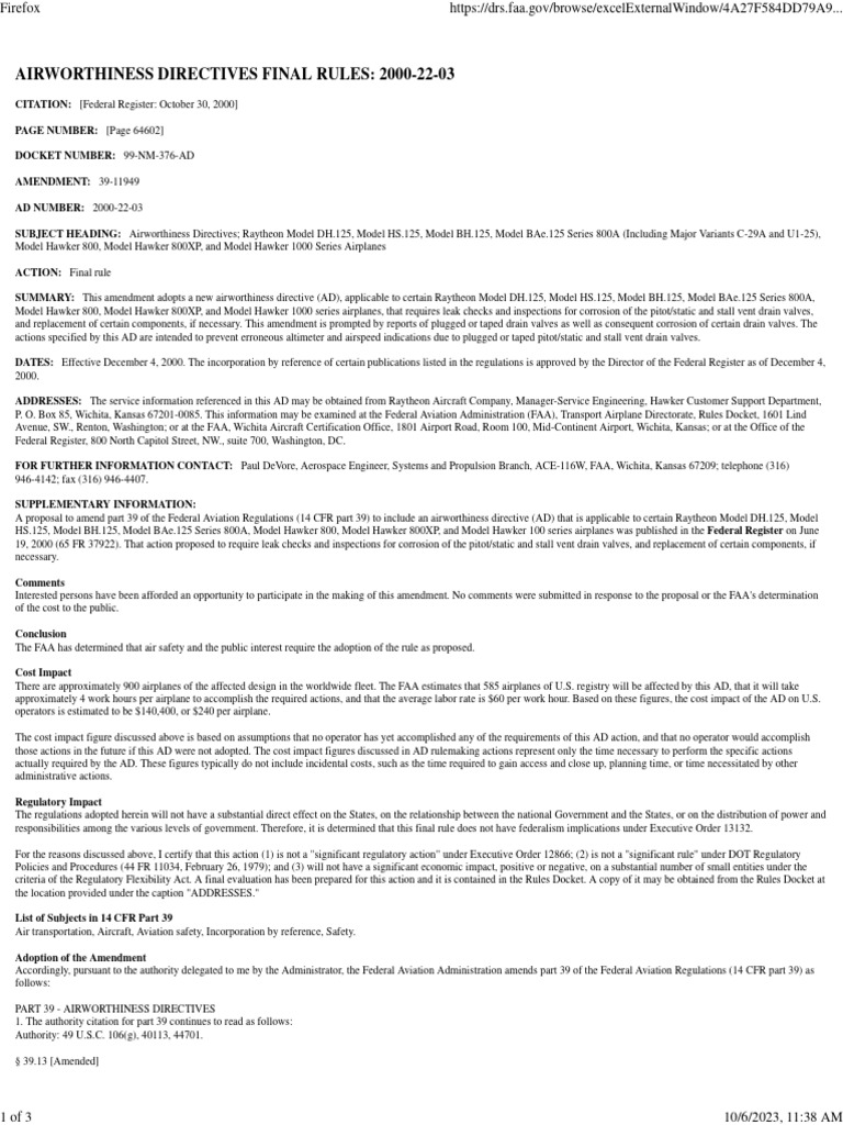 Airworthiness Directive 2000-22-03 Summary | PDF