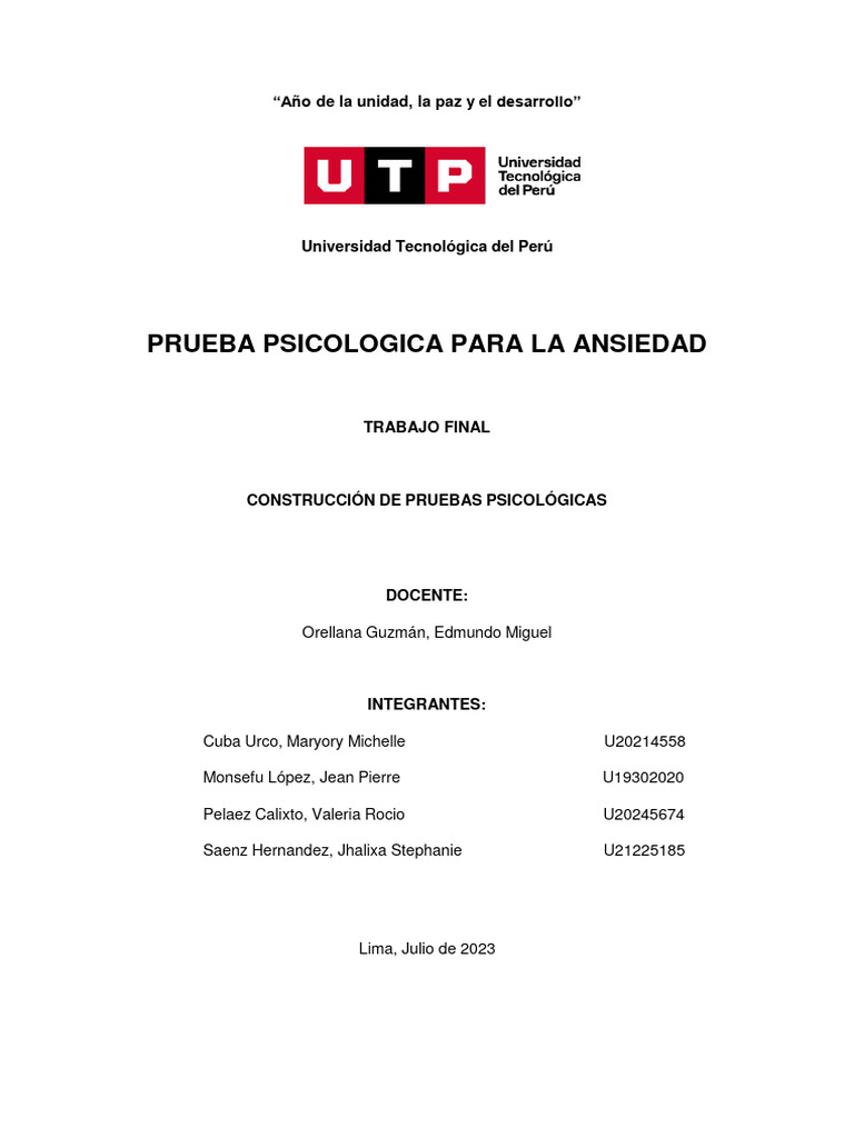 Trabajo Final - Construcción de Pruebas Psicológicas | PDF | Las emociones | Psicología cognitiva