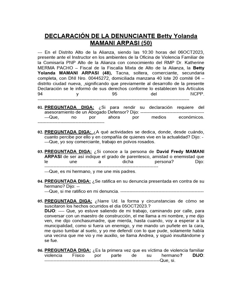 DECLARACIÓN DE LA DENUNCIANTE Betty Yolanda Mamani | PDF