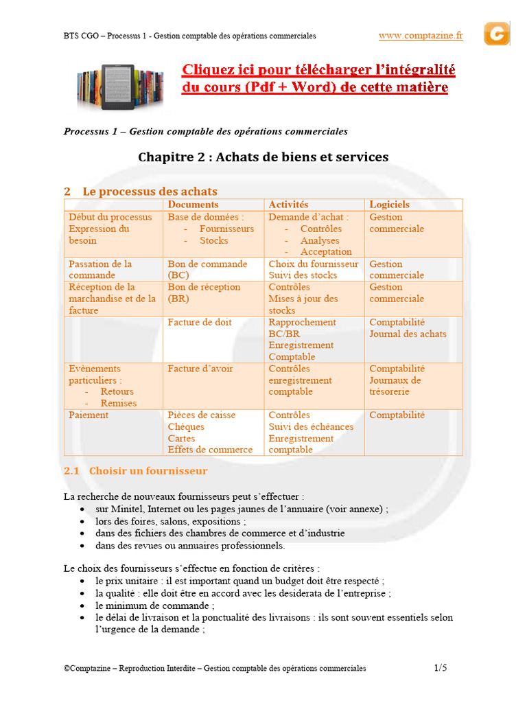 Le Processus Des Achats Cours BTS CGO | PDF | Facture | Comptabilité