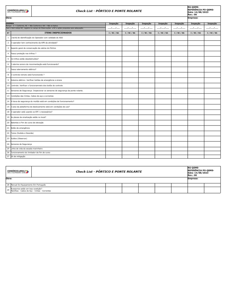 Check-List Pórtico e Ponte Rolante | PDF