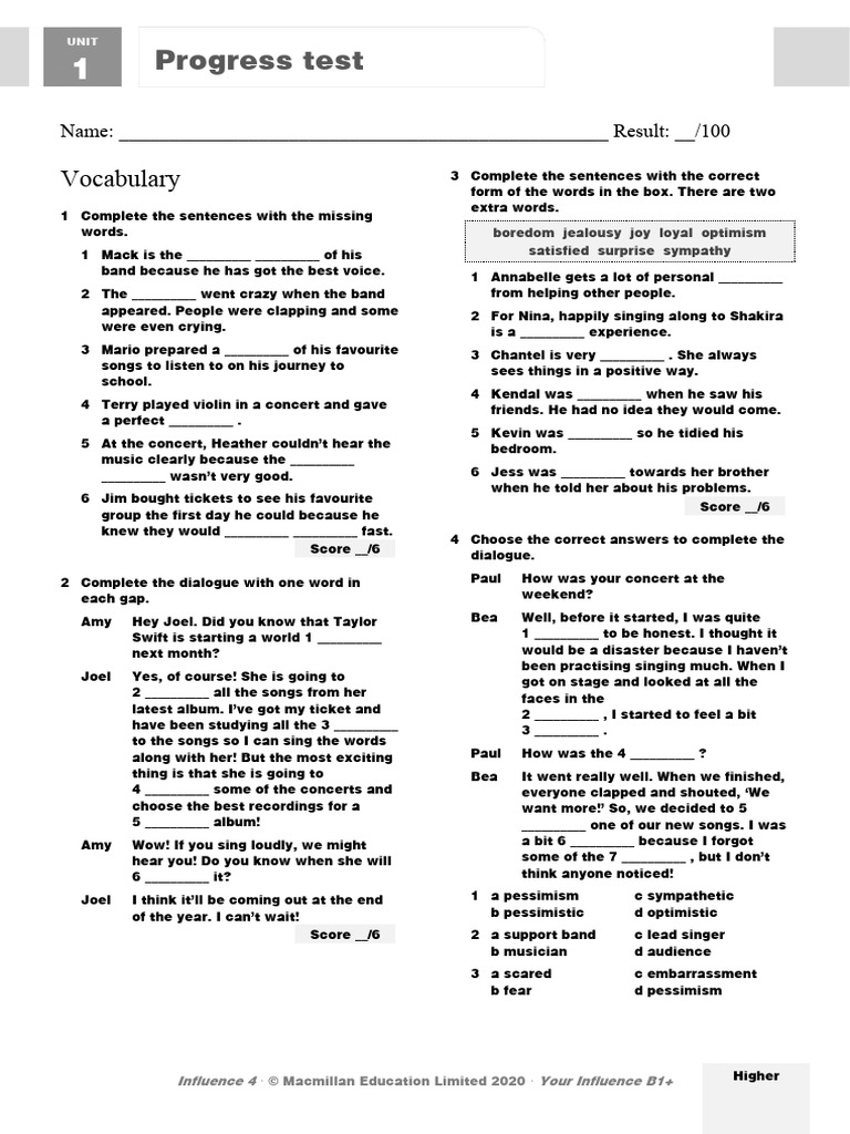 L4 B1PLUS U1 Test Higher | PDF | Piano | Pessimism