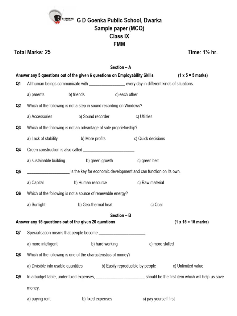 FMM Sample Paper for Class IX | PDF