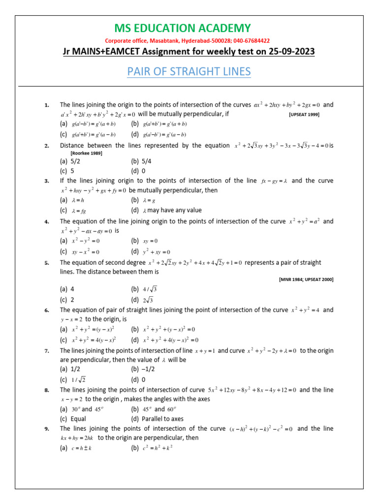 Pair of Straightlines (JR Mains+Eamcet Assignment For Weekend 25th Sep) | PDF | Line (Geometry ...