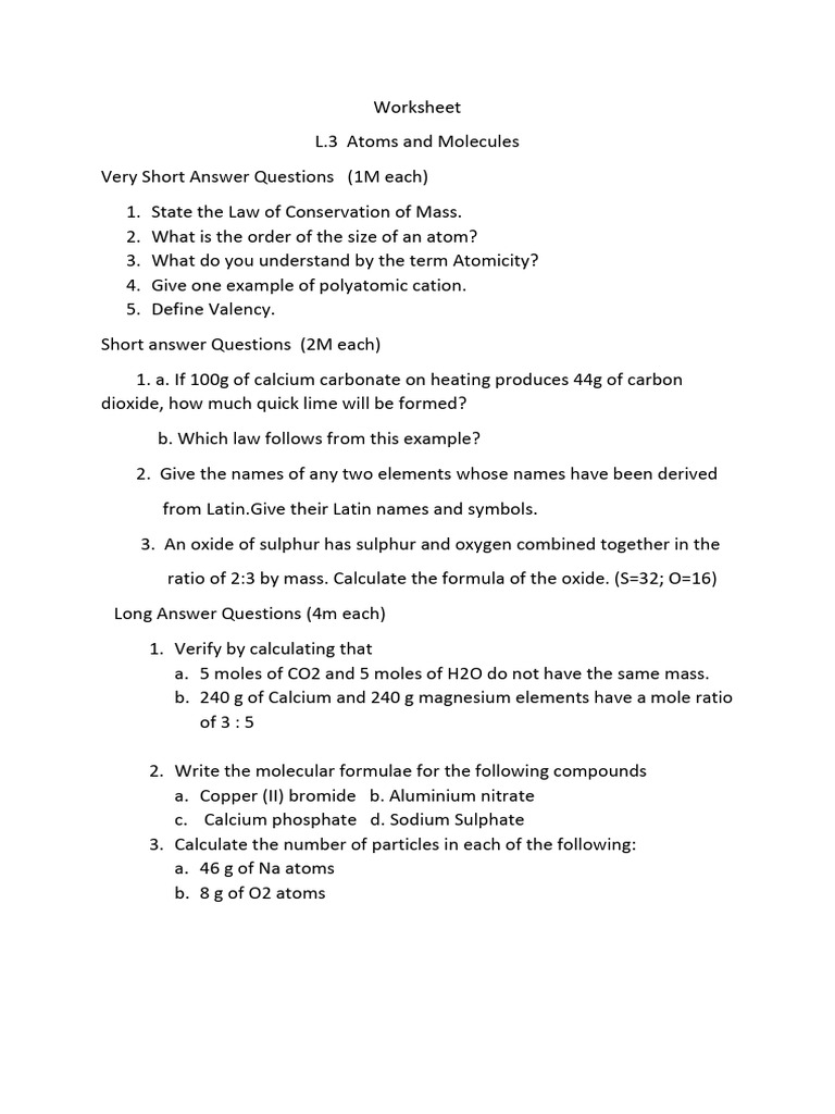 Worksheet L.3 Atoms and Molecules | PDF
