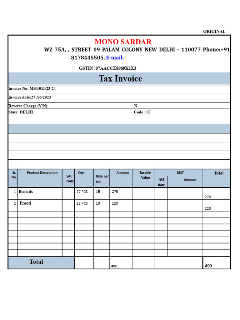 Frooti GST Rate Invoice Details PDF